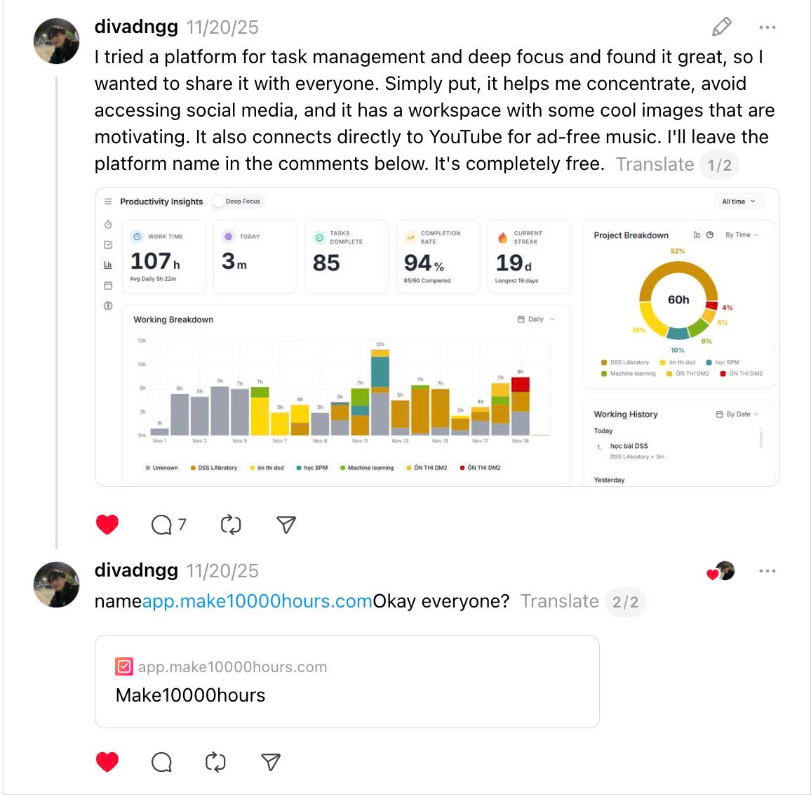 10000hours - AI Productivity App for Deep Work and Time Management